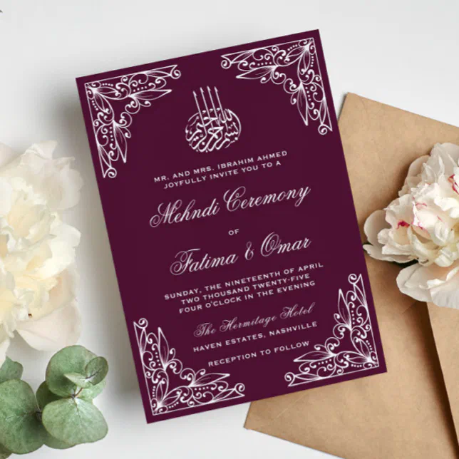 Modern Plum Muslim Islamic Henna Mehndi Ceremony Invitation | Zazzle