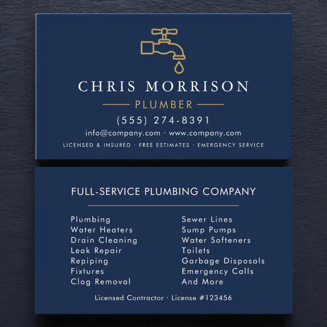Modern Plumber Navy Blue Gold Minimalist Business Card | Zazzle