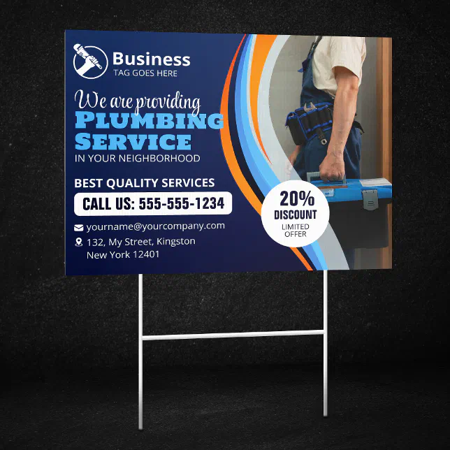 Modern Plumber Plumbing Installation Blue Orange Sign | Zazzle