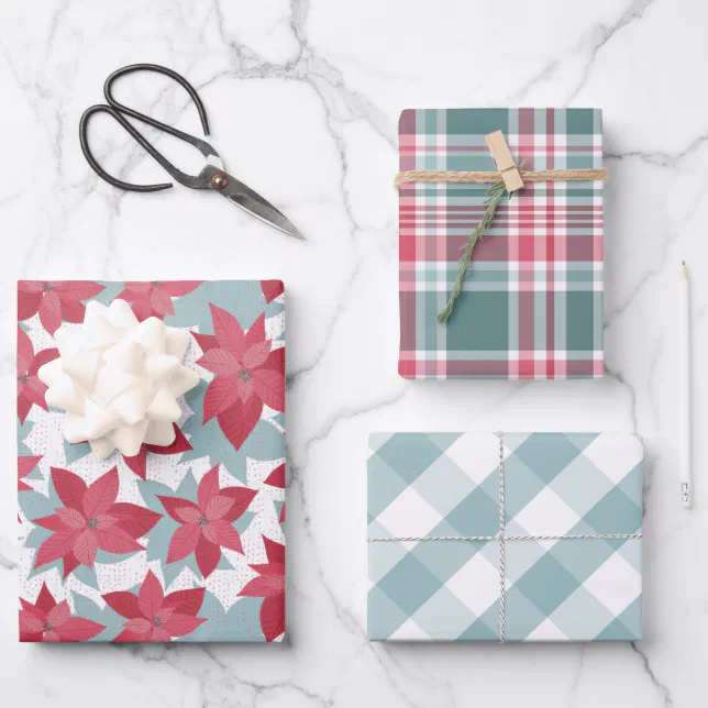 Modern Poinsettia Buffalo Check + Plaid Wrapping Paper Sheets | Zazzle