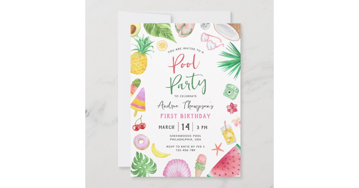 Modern Pool Party Summer Kids Any Year Birthday Invitation | Zazzle