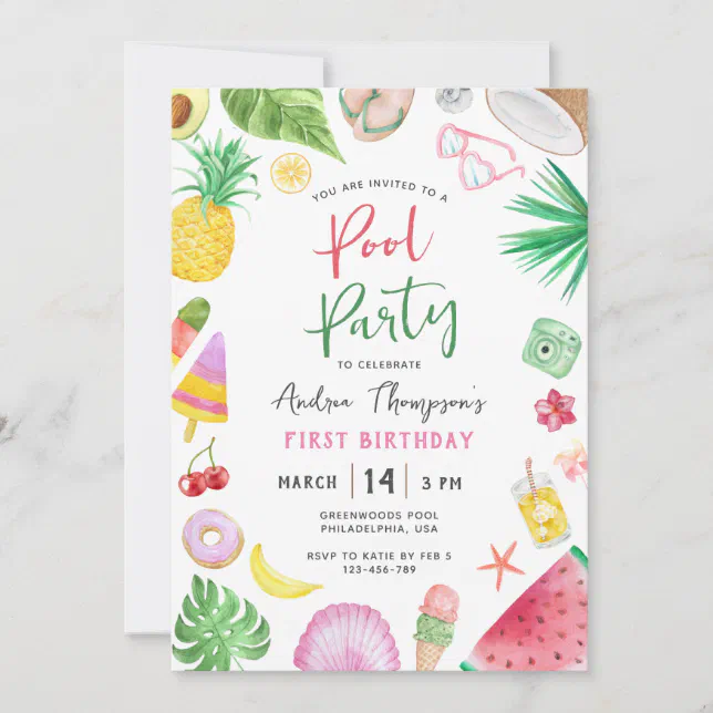 Modern Pool Party Summer Kids Any Year Birthday Invitation | Zazzle