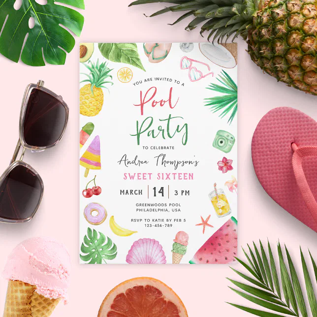 Modern Pool Party Summer Sweet 16 Birthday Invitation | Zazzle