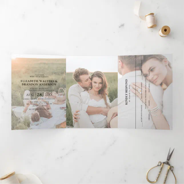 Modern Portrait Photo Collage Overlay Wedding Tri-Fold Invitation | Zazzle