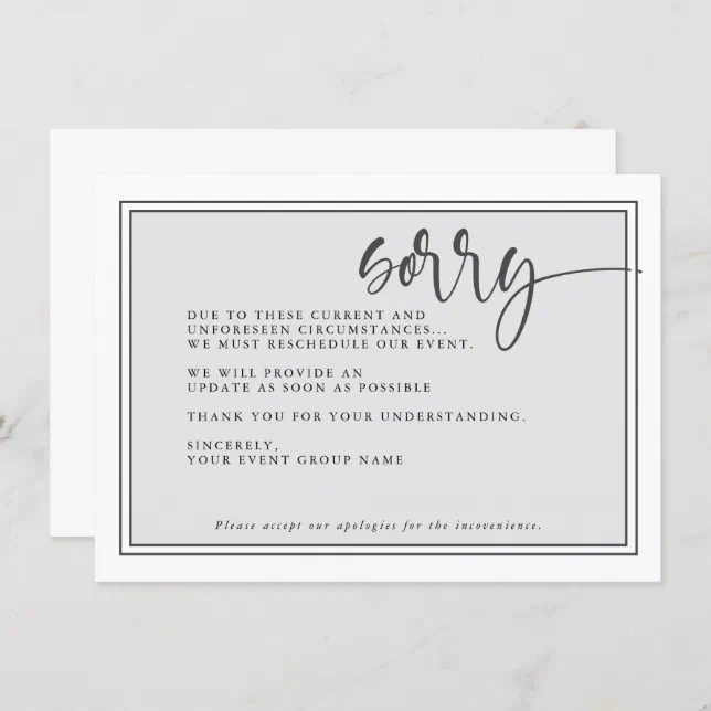 Modern Postponed Event Sorry Reschedule Event Invitation | Zazzle