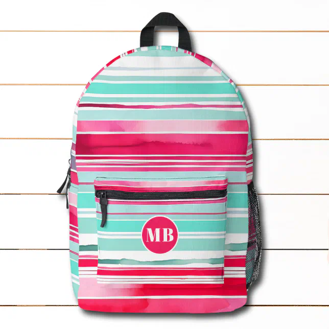 Modern Preppy Cyan Magenta Monogram Printed Backpack | Zazzle