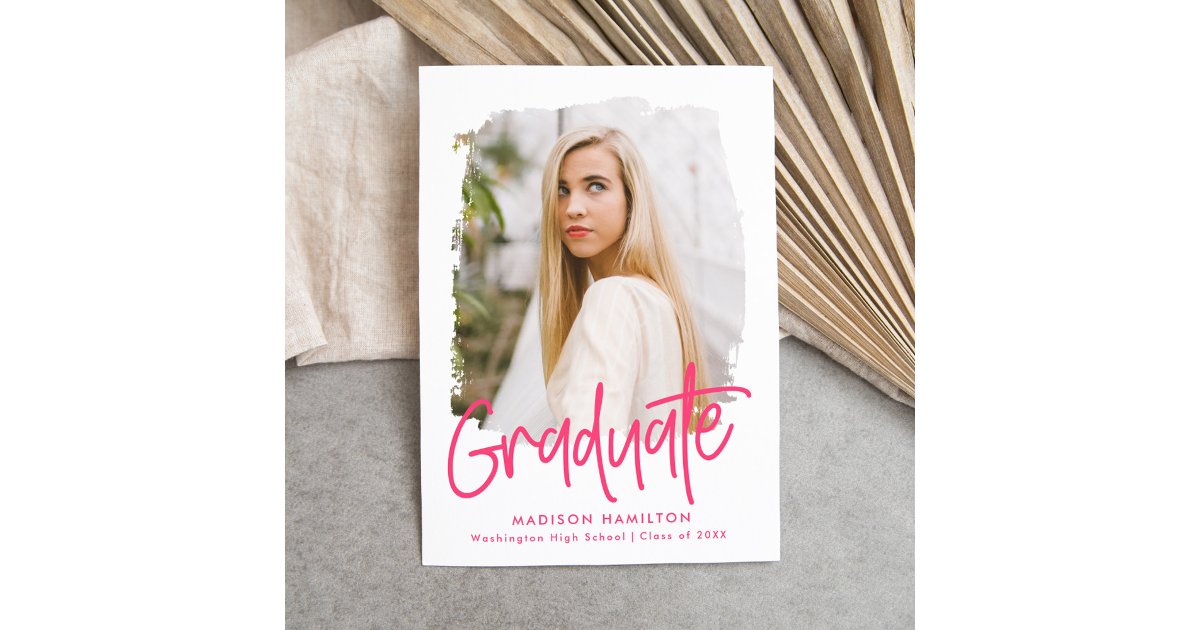 Modern Preppy Hot Pink Script Photo Graduation Announcement | Zazzle