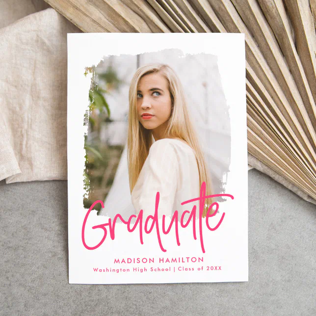 Modern Preppy Hot Pink Script Photo Graduation Announcement | Zazzle