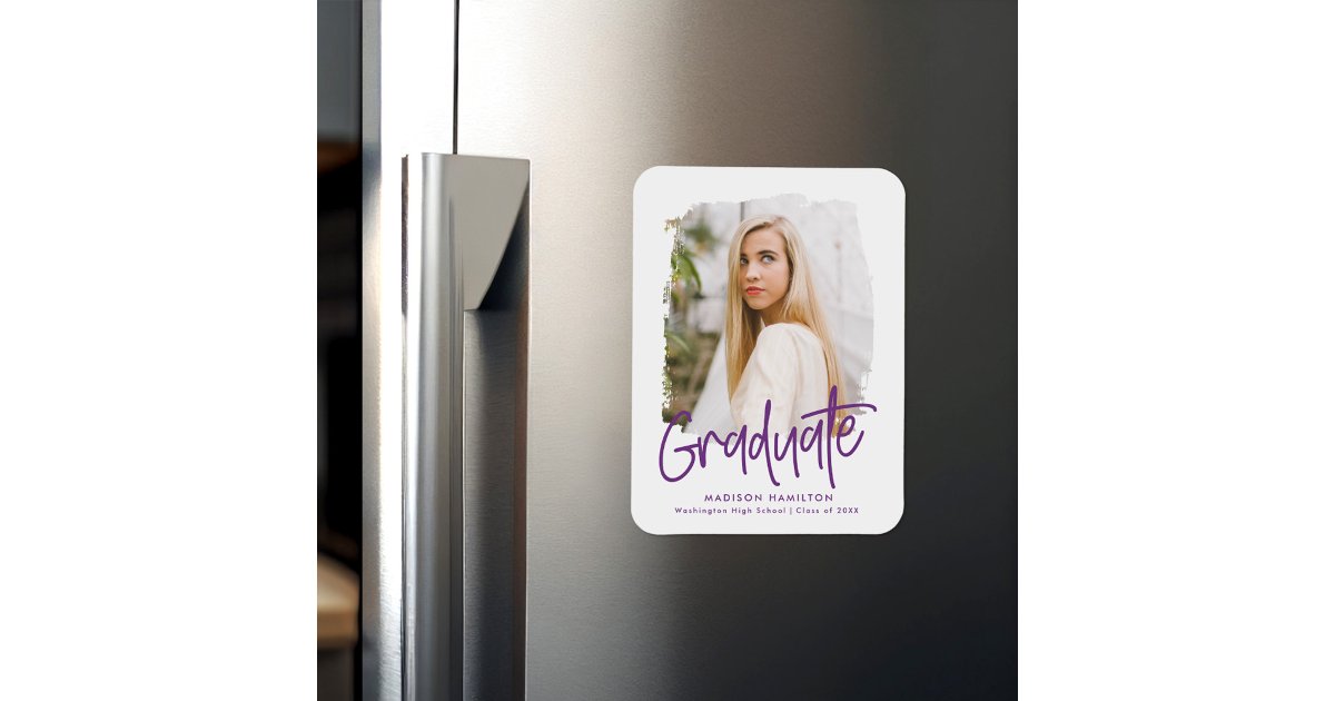 Modern Preppy Purple Script Photo Graduation Magnet | Zazzle