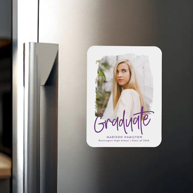 Modern Preppy Purple Script Photo Graduation Magnet | Zazzle