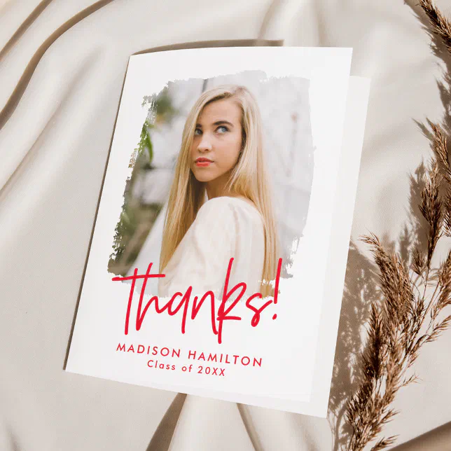Modern Preppy Red Script Photo Graduation Thank You Card | Zazzle