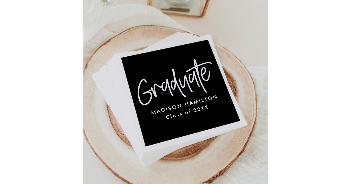 Modern Preppy Script Black and White Graduation Napkins | Zazzle