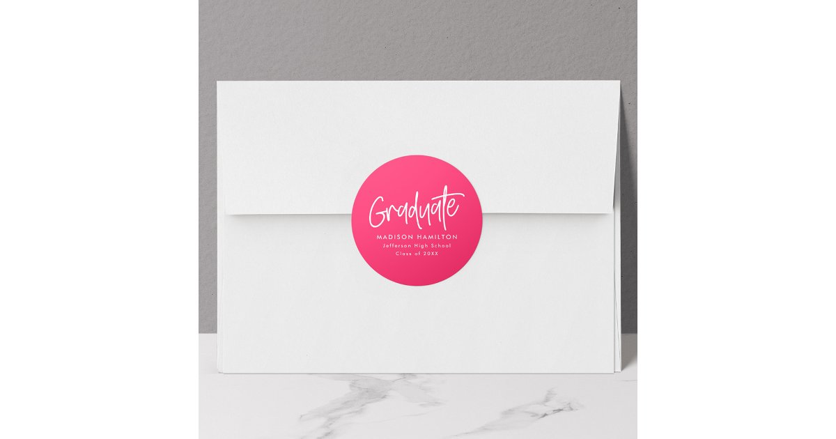 Modern Preppy Script Hot Pink Graduation Classic Round Sticker | Zazzle