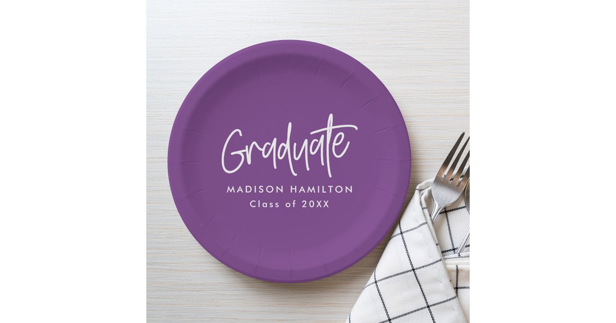 Modern Preppy Script Purple Graduation Paper Plates | Zazzle