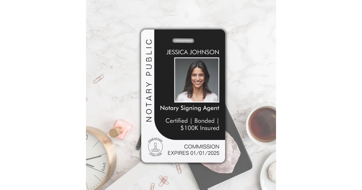 Modern Pro Black & White Custom Notary Photo ID Badge | Zazzle