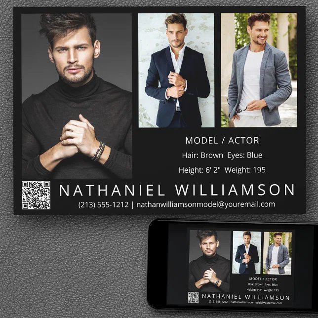 Modern Pro Model Actor 3 Photo QR Code Comp Card | Zazzle