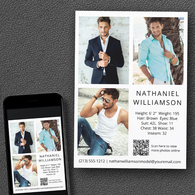 Modern Pro Model Actor QR Code 3 Photos Comp Card | Zazzle