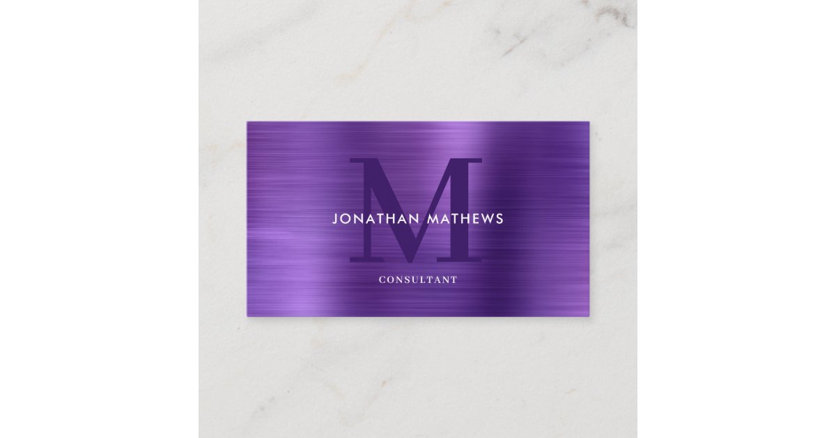 Modern Professional Brushed Metal Purple Monogram Business Card | Zazzle