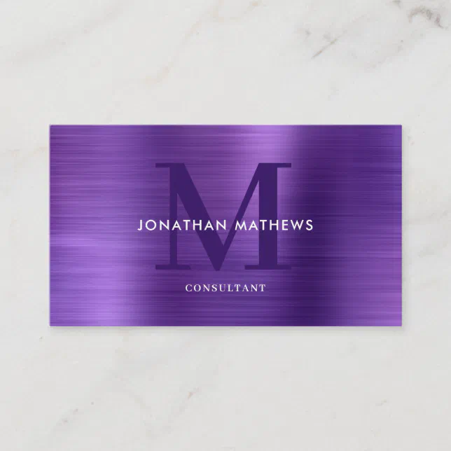 Modern Professional Brushed Metal Purple Monogram Business Card | Zazzle