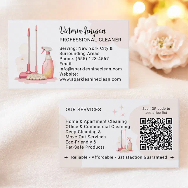 Modern Professional Cleaner Housekeeping Qr Code Business Card | Zazzle
