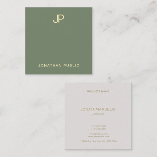 Modern Professional Green Plain Gold Monogrammed Square Business Card ...