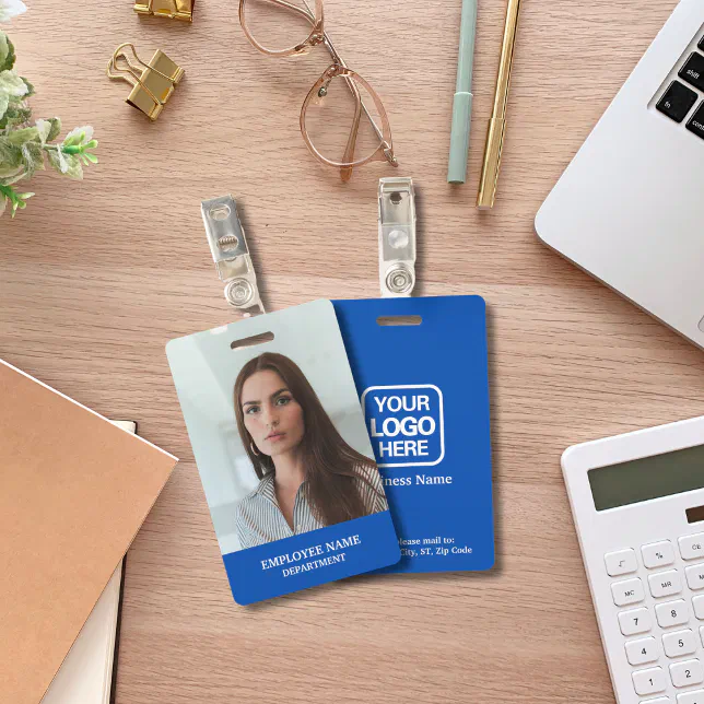 Modern Professional Logo Blue Employee Photo Badge | Zazzle