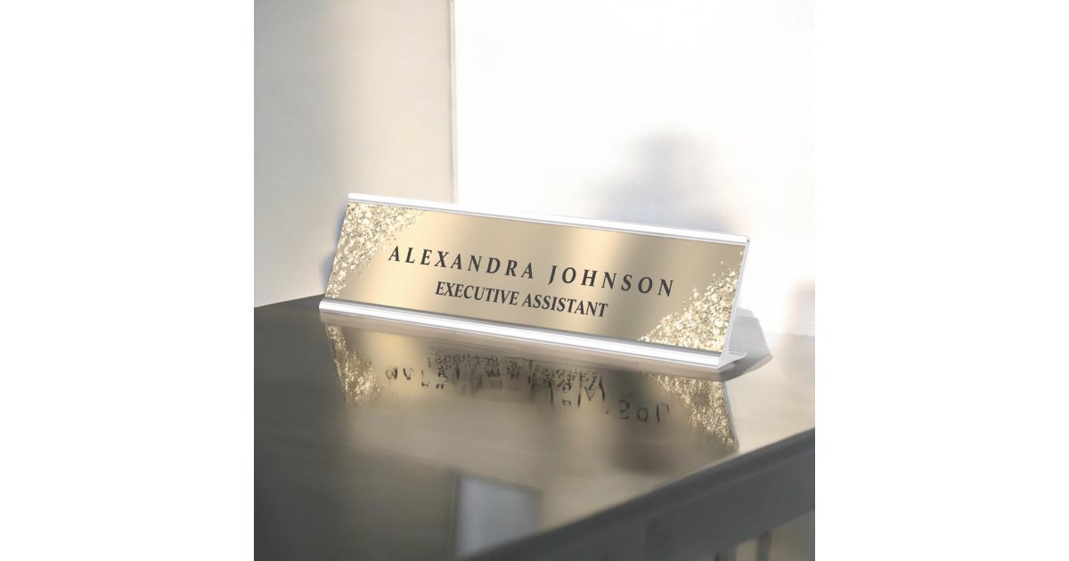 Modern Professional Luxury Gold Sparkle Glitter Desk Name Plate | Zazzle