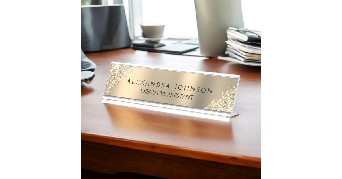 Modern Professional Luxury Gold Sparkle Glitter Desk Name Plate | Zazzle