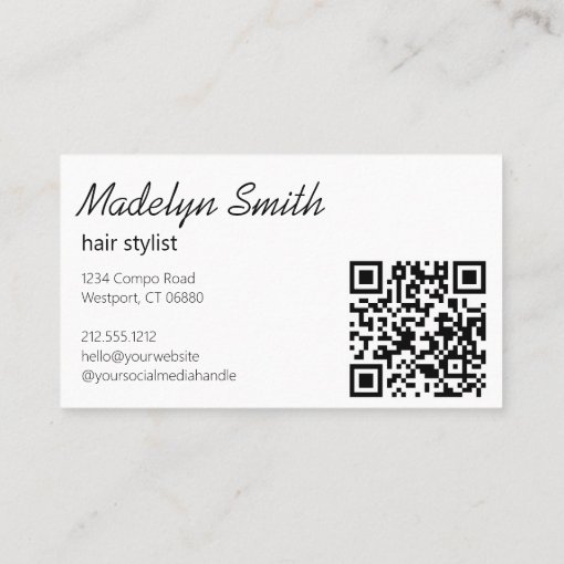 Modern Professional Minimal Hair Stylist QR Code Business Card | Zazzle