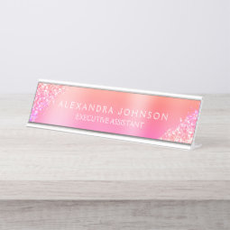 Modern Professional Orange Pink Sparkle Glitter Desk Name Plate | Zazzle