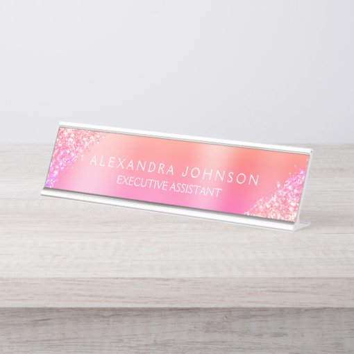 Modern Professional Orange Pink Sparkle Glitter Desk Name Plate | Zazzle