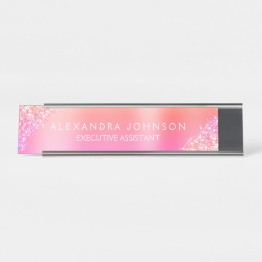 Modern Professional Orange Pink Sparkle Glitter Desk Name Plate | Zazzle