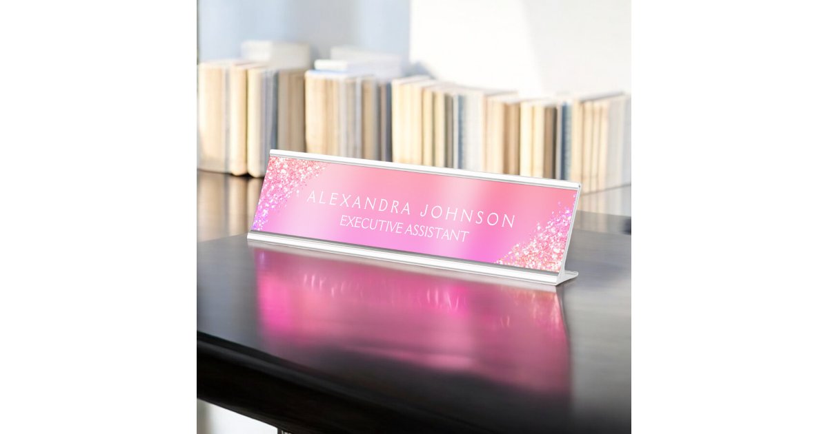 Modern Professional Orange Pink Sparkle Glitter Desk Name Plate | Zazzle