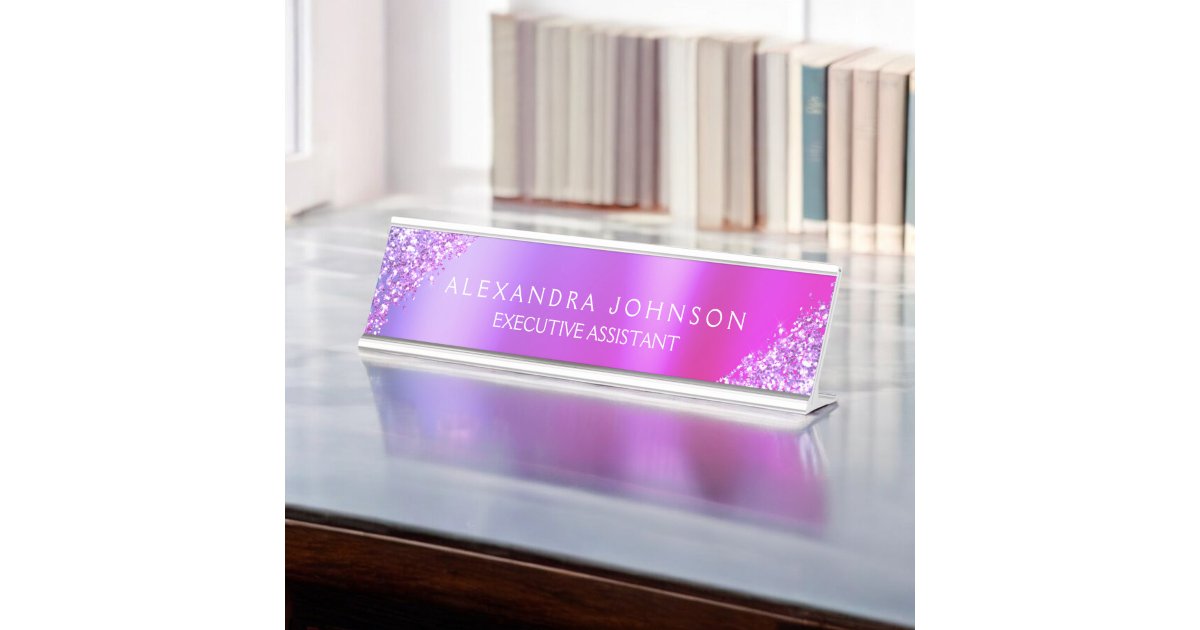 Modern Professional Pink Purple Sparkle Glitter Desk Name Plate | Zazzle