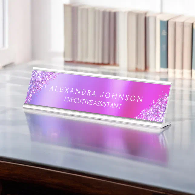 Modern Professional Pink Purple Sparkle Glitter Desk Name Plate | Zazzle