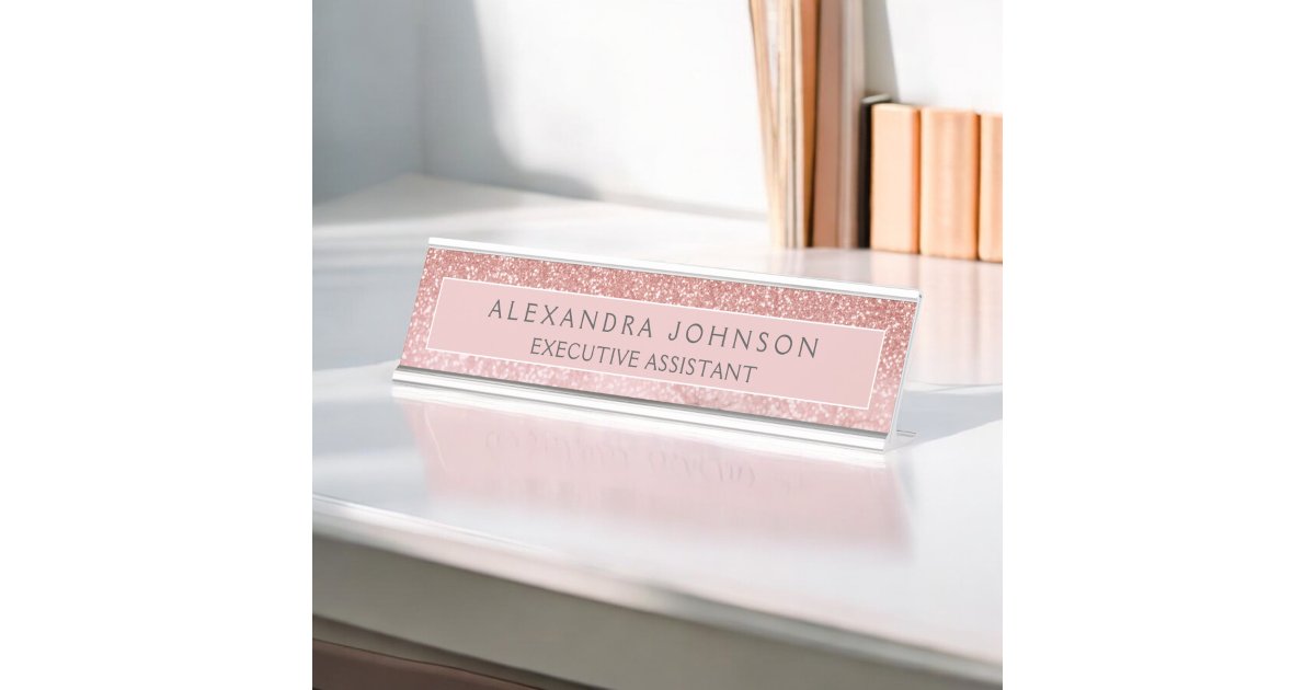 Modern Professional Rose Gold Glitter Marble Desk Name Plate | Zazzle