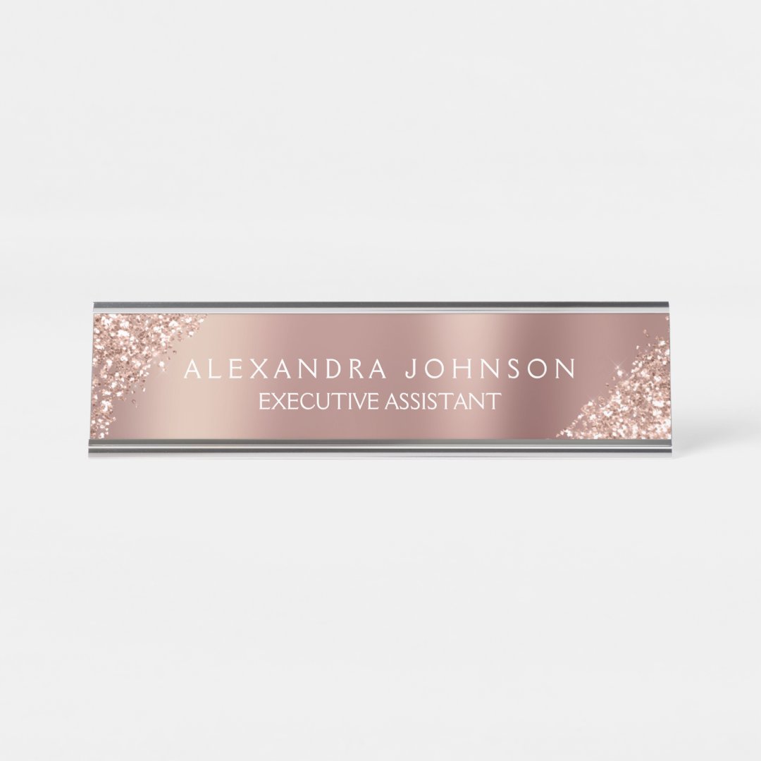 Modern Professional Rose Gold Sparkle Glitter Desk Name Plate | Zazzle