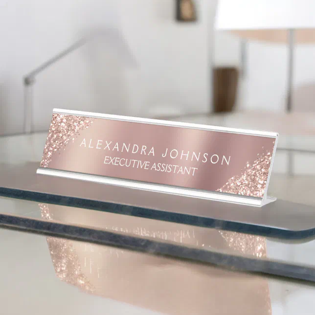 Modern Professional Rose Gold Sparkle Glitter Desk Name Plate | Zazzle