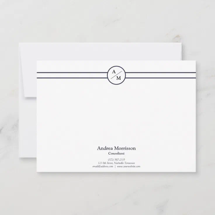 Modern Professional Two Monogram Navy Blue Note Card | Zazzle