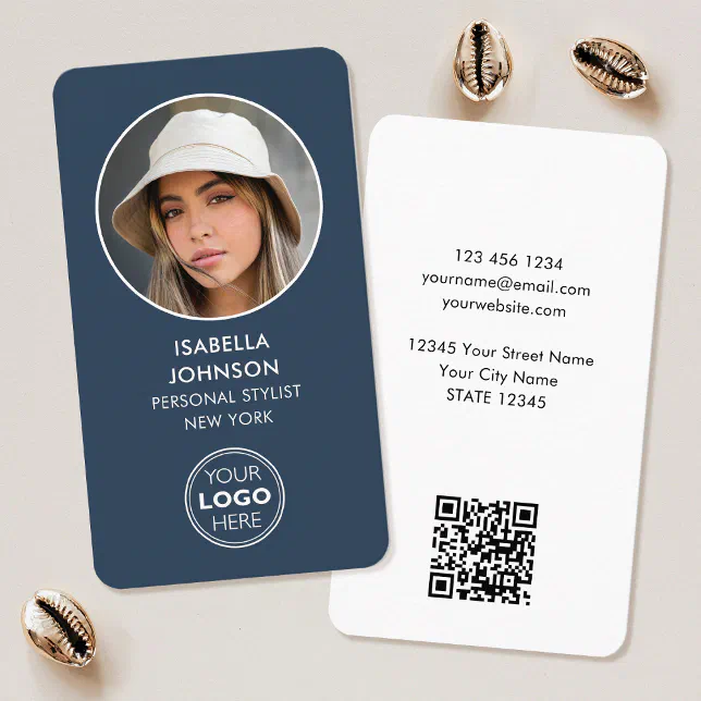 Modern Profile Photo Logo QR Code Slate Blue Business Card | Zazzle
