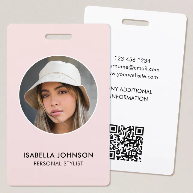 Modern Profile Photo QR Blush Pink ID Security Badge | Zazzle
