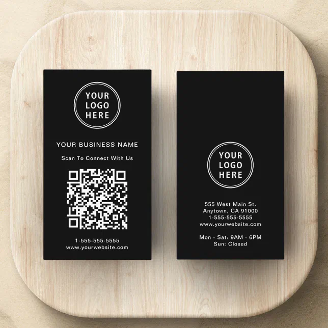 Modern Promotional Logo QR Code Black Business Card | Zazzle