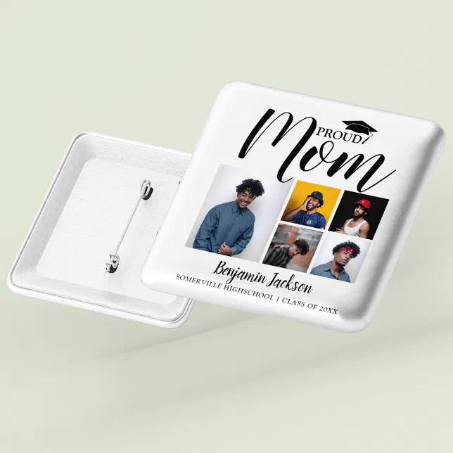 Modern Proud Mom | 5 Photo Graduation T-Shirt Button | Zazzle