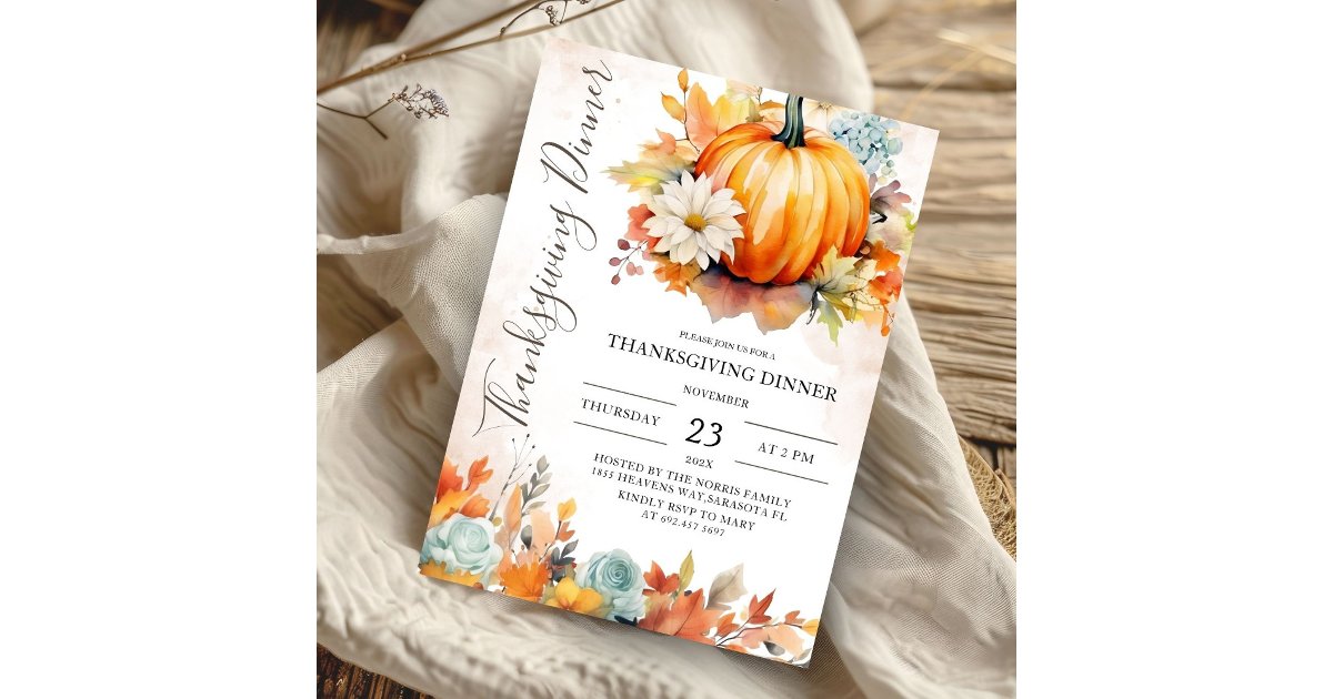 Modern Pumpkin Autumn Leaves Thanksgiving Dinner Invitation | Zazzle