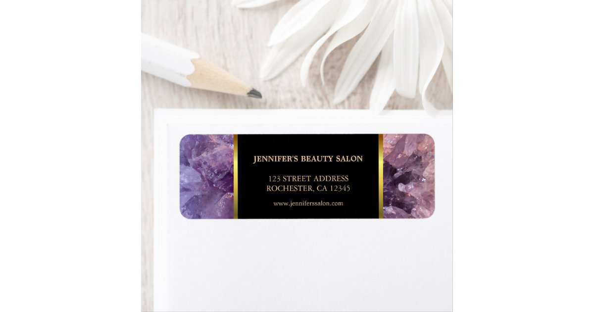 Modern purple amethyst gemstone gold return addres label | Zazzle