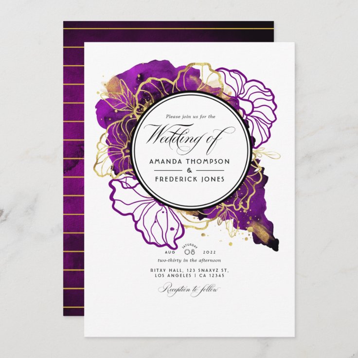 Modern Purple and Gold Abstract Floral Wedding Inv Invitation | Zazzle
