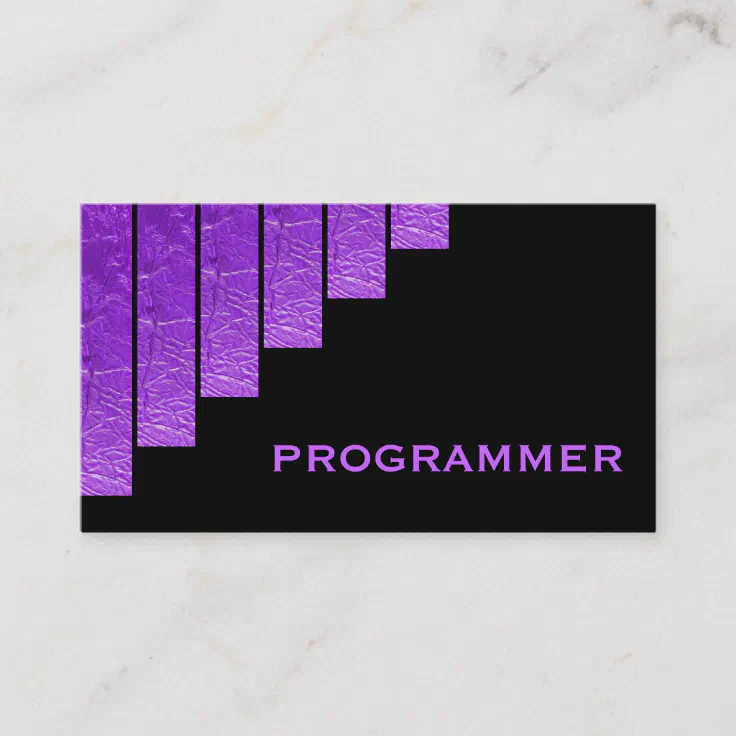Modern purple, black vertical stripes programmer business card | Zazzle