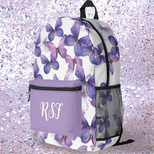Modern Purple Butterfly Pattern Girly Printed Backpack | Zazzle