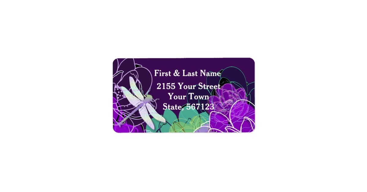 Modern Purple Dragonfly Floral Label | Zazzle