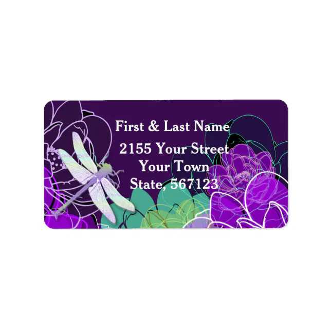 Modern Purple Dragonfly Floral Label | Zazzle